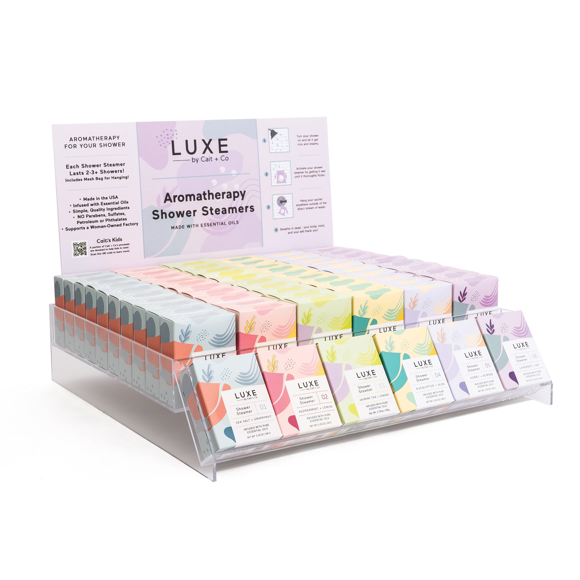 Luxe Aromatherapy Shower Steamer Display with fill